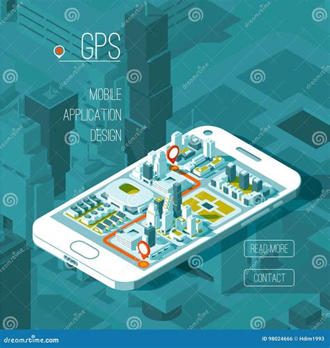 Mobile Gps And Tracking Concept Location Track App On Touchscreen Smartphone Isometric City