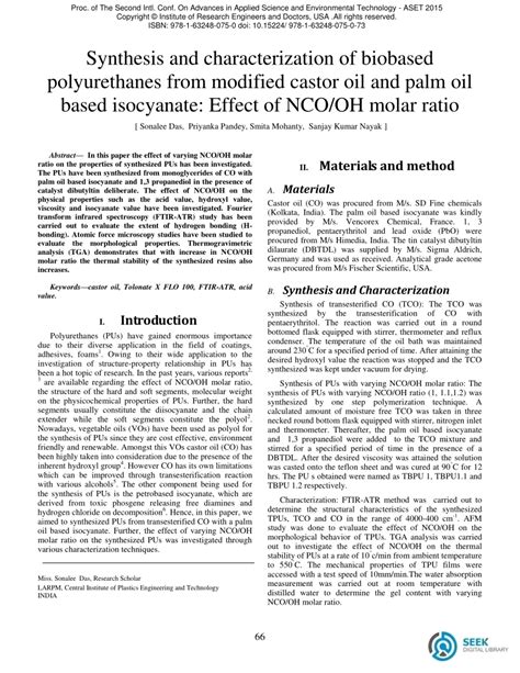Pdf Synthesis And Characterization Of Biobased Polyurethanes From Modified Castor Oil And Palm