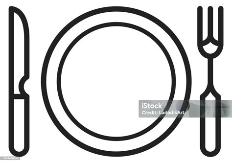 저녁 식사 라인 아이콘입니다 포크와 나이프가 있는 빈 접시 그릇에 대한 스톡 벡터 아트 및 기타 이미지 그릇 레스토랑 로고 Istock