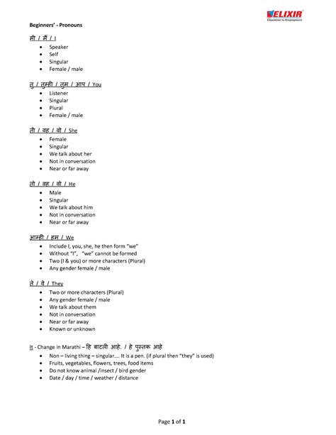 Discrete Mathematics Page 1 Of 1 Beginners Pronouns मी मैं I