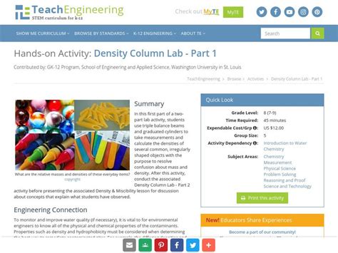 Teach Engineering Density Column Lab Part 1 Activity For 7th 9th