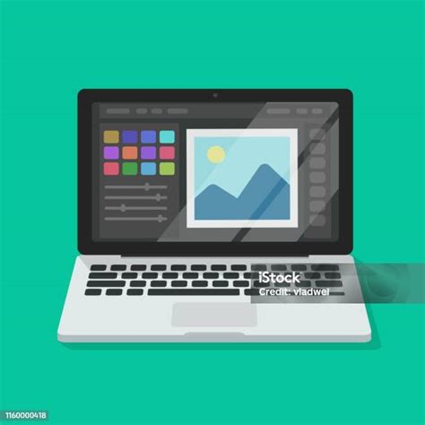 컴퓨터 벡터 일러스트레이션의 사진 또는 그래픽 편집기 디자인 또는 이미지 편집 소프트웨어 또는 프로그램 격리 이미지가 있는 평면 만화 노트북 화면 3차원 형태에 대한 스톡