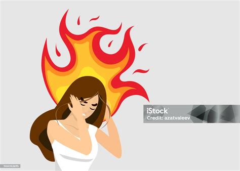 머리에 불이 붙은 화난 여자 불타는 두뇌를 가진 분노한 사업가를 강조했습니다 정신 장애 소진과 과로로 지친 아픈 피곤한 여성 관리자 짜증나는 사람 그림 개념 불에 대한 스톡