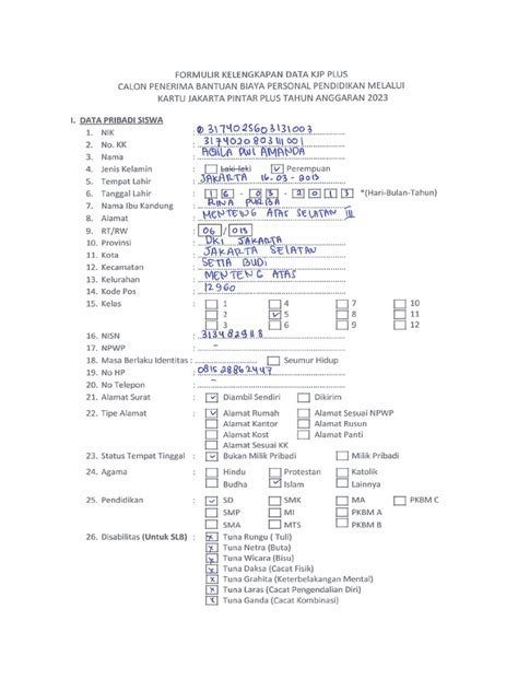 Aqila Dwi A Form Kelengkapan Data Kjp Plus Sinta Synt Pdf