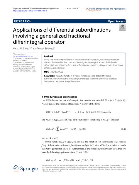Pdf Applications Of Differential Subordinations Involving A Generalized Fractional