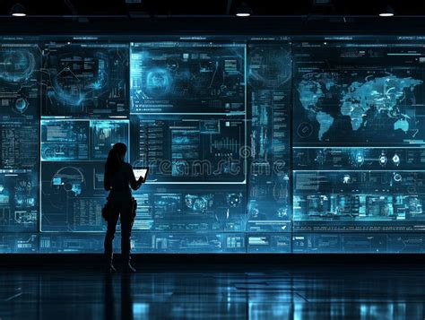 woman analyzing data in high tech environment with digital screens