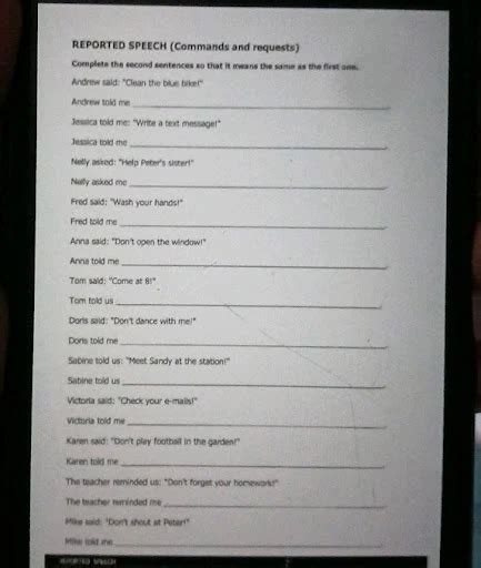 Reported Speech Commands And Requests Coesplete The Second Sentences So