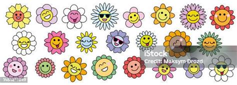 그루비 꽃 만화 캐릭터 60 년대 70 년대의 행복한 스티커 세트 눈과 미소를 가진 재미있는 행복한 데이지 귀여운 만화 캐릭터