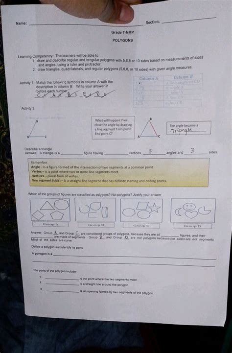 Name Section Grade 7 NMP POLYGONS Learning Competency The Learners Will Be Able To 1 Draw And