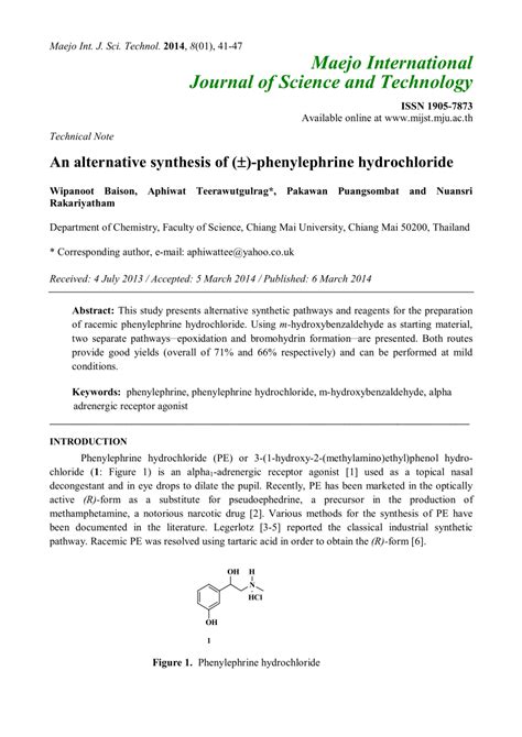 Pdf An Alternative Synthesis Of Phenylephrine Hydrochloride