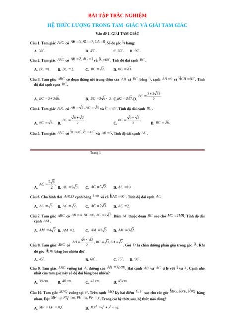 Baitaptracnghiem.Net-60-cau-trac-nghiem-He-thuc-luong-trong-tam-giac-va-giai-tam-giac | PDF
