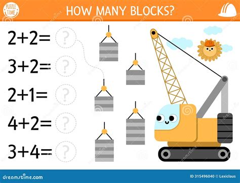 How Many Blocks Game With Cute Crawler Crane Construction Site Math Addition Activity For