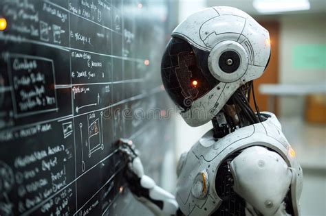 White Robot Student Learns At Blackboard In Classroom In Lesson Stock Image Image Of Lesson