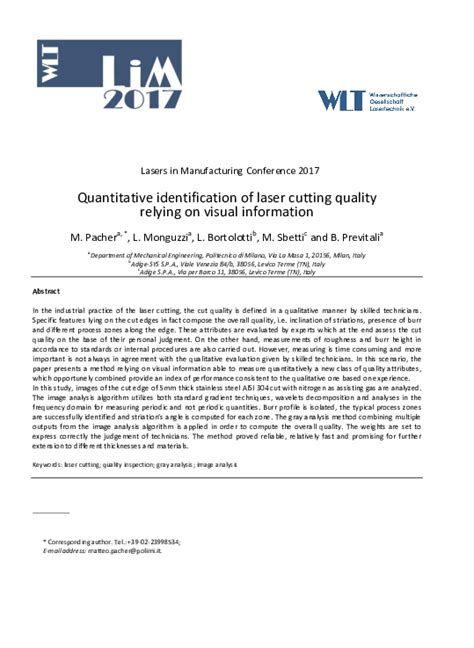 Pdf Quantitative Identification Of Laser Cutting Quality Relying On