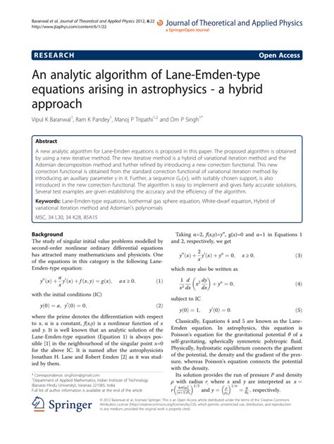 Pdf An Analytic Algorithm Of Lane Emden Type Equations Arising In Astrophysics A Hybrid Approach
