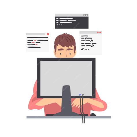 Premium Vector Man Web Developer Or Programmer Working In Front Of Computer Screen Vector