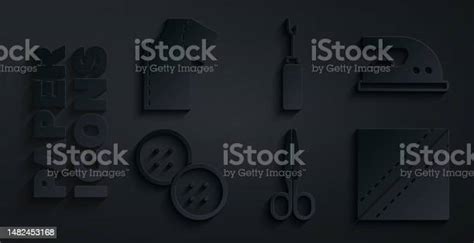 가위 전기 다리미 재봉 버튼 섬유 패브릭 롤 송곳 도구 및 패턴 아이콘을 설정합니다 벡터 3차원 형태에 대한 스톡 벡터 아트 및