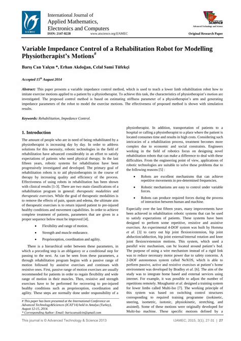 Pdf Variable Impedance Control Of A Rehabilitation Robot