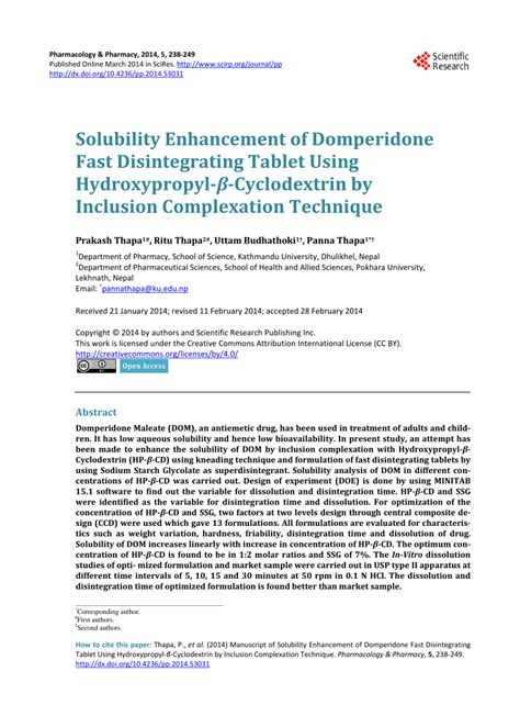 Pdf Solubility Enhancement Of Domperidone Fast Disintegrating Tablet