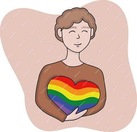 Lgbt 깃발 색 하트를 들고 있는 남자 프리미엄 벡터