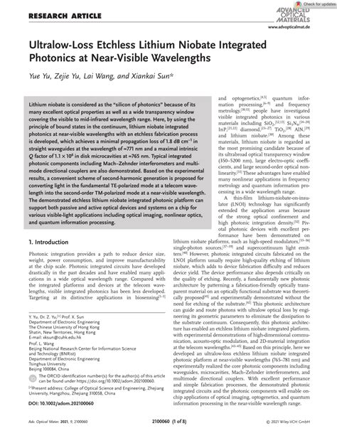 Pdf Ultralow‐loss Etchless Lithium Niobate Integrated Photonics At Near‐visible Wavelengths
