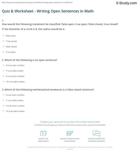open sentences math worksheet