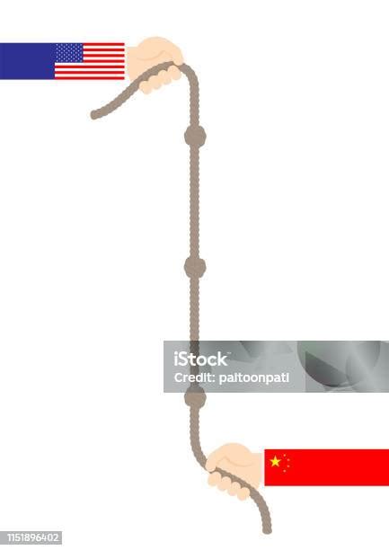 사업 손 미국과 중국 국기 당겨 밧줄 매듭 무역 전쟁 및 세금 위기 개념 디자인 그림 흰색 배경에 고립 된 복사 공간 벡터 Eps 10 경제에 대한 스톡 벡터 아트 및 기타