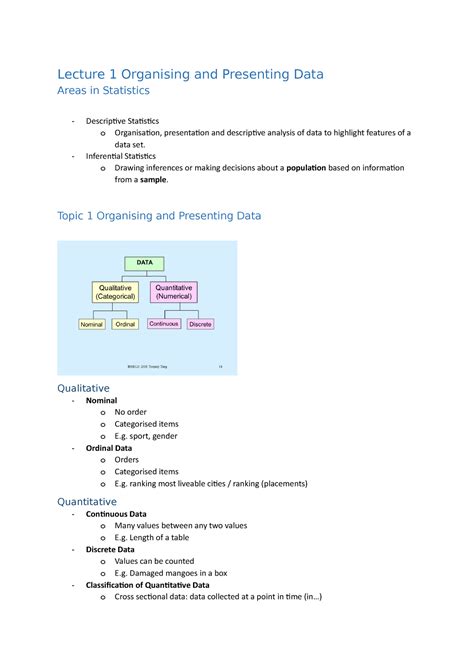 1 Bsb123 Data Analysis Notes Lecture 1 Organising And Presenting Data Areas In Statistics