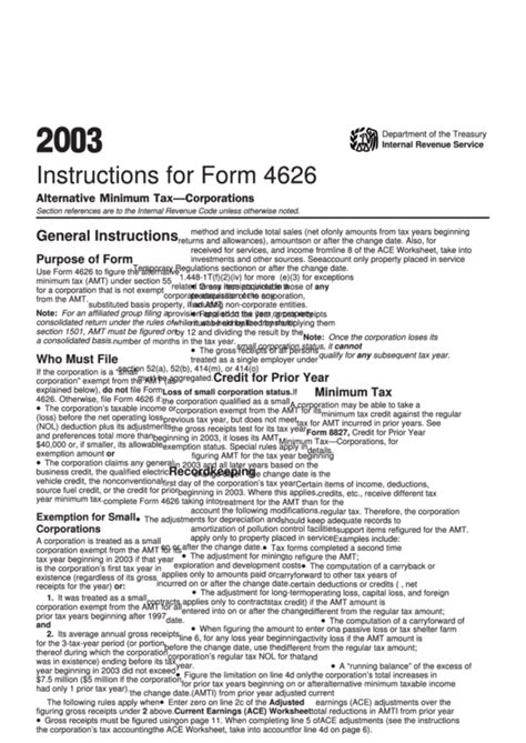 Instructions For Form 4626 2003 Printable Pdf Download