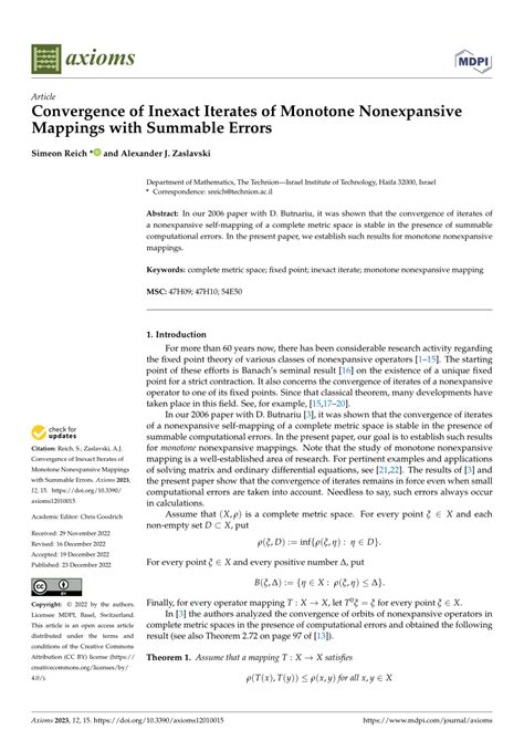 PDF Convergence Of Inexact Iterates Of Monotone Nonexpansive Mappings With Summable Errors