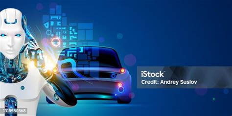자율 주행 자동차의 로봇 드라이버 이미지 사이보그에서 차량의 무인 시스템의 Ai 운송 기술의 인공 지능의 개념 자율 주행 자동차