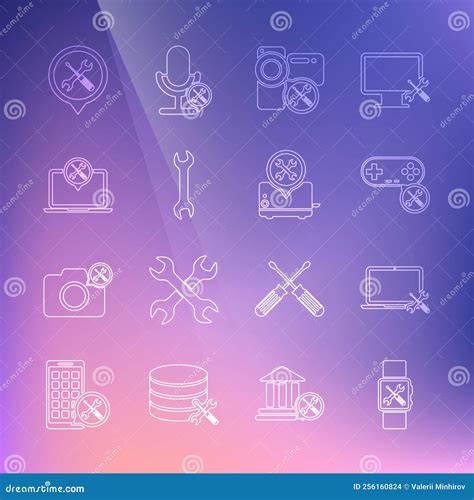 Set Line Smartwatch Service Laptop Gamepad Video Camera Wrench Location And Toaster Icon