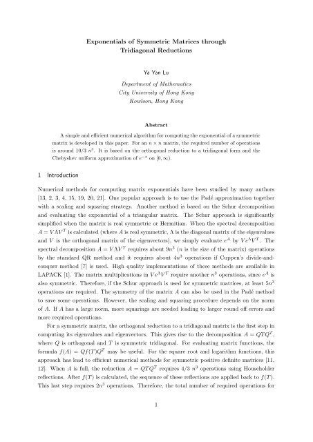 exponentials of symmetric matrices through tridiagonal reductions