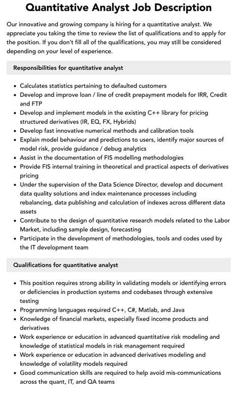 Quantitative Analyst Job Description Velvet Jobs