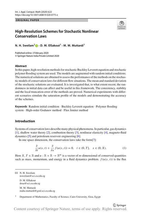 High Resolution Schemes For Stochastic Nonlinear Conservation Laws Request Pdf