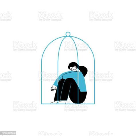 외로움과 우울증 개념 여성 캐릭터와 라인 간단한 스타일의 벡터 일러스트 심리적 문제 우리에 대한 스톡 벡터 아트 및 기타 이미지