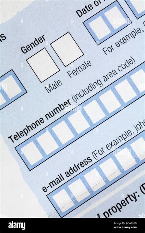 Boxes On Form To Complete For Gender With Options Of Male Or Female Telephone Number And E Mail