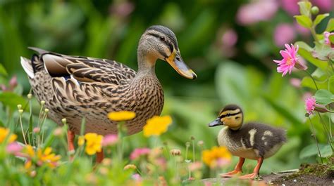 Premium Photo A Tiny Duckling Waddling Beside Its Mother Surrounded By Vibrant Flowers