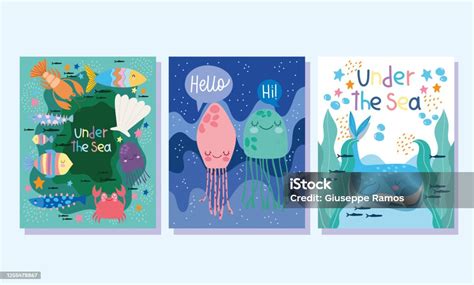 바다 아래 고래 해파리 물고기 게 조류 넓은 해양 생물 풍경 만화 배너 표지 및 브로셔 게에 대한 스톡 벡터 아트 및 기타