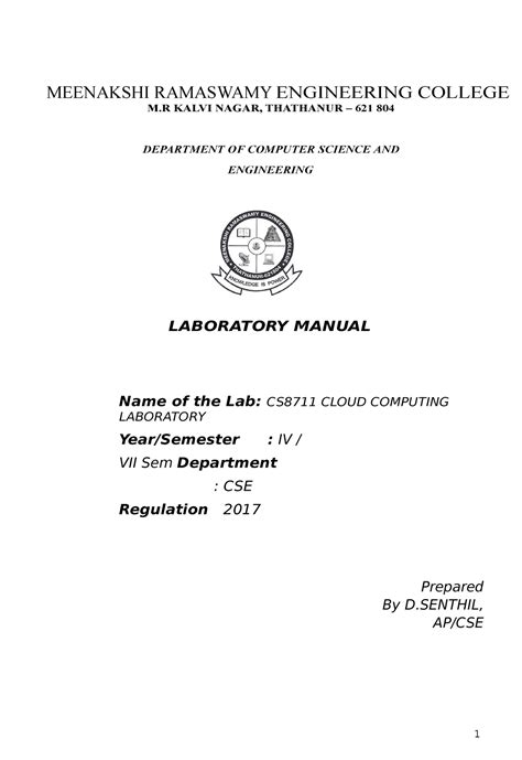 Cs8711 Cc Lab Manual 1 Meenakshi Ramaswamy Engineering College M