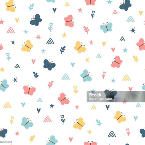 귀여운 어린 아이 같은 완벽 한 패턴 손으로 그린 만화 요소 아이 나비와 배경입니다 생일 직물 섬유 카드 포장에 적합 패턴에