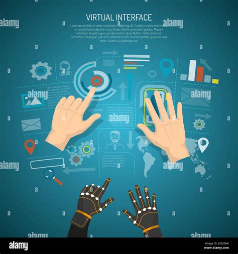 Virtual Interface Design Concept With Man Hands And Wired Gloves Transmitting Tactile Sensation
