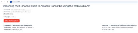 Web Audio Api を使用してマルチチャンネルオーディオを Amazon Transcribe にストリーミングする Amazon