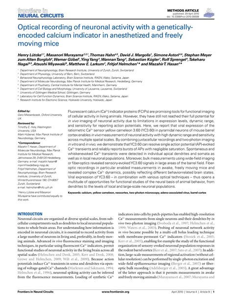 Pdf Lütcke H Et Al Optical Recording Of Neuronal Activity With A