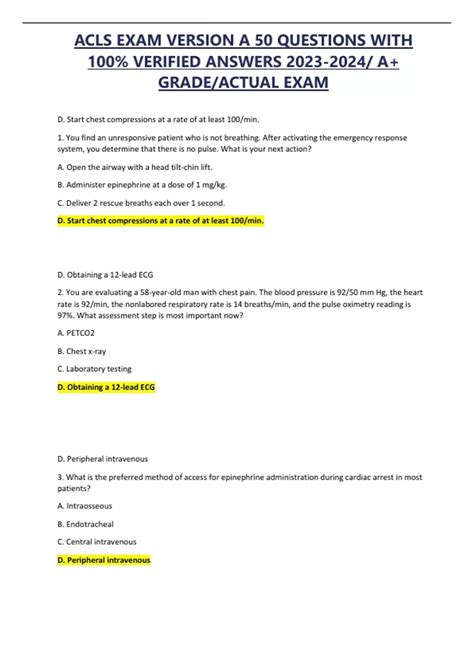 Acls Exam Version A 50 Questions With 100 Verified Answers A Grade