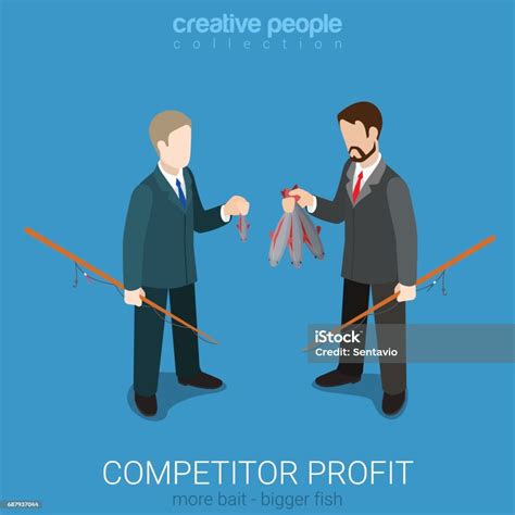 등각 투영 평면 3d 스타일 경쟁 이익을 비교 개념 웹 인포 그래픽 벡터 일러스트 레이 션 두 사업가 다른 물고기를 잡고입니다 크리에이 티브 사람들이 컬렉션입니다 낚시에