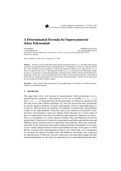 Pdf A Determinantal Formula For Supersymmetric Schur Polynomials