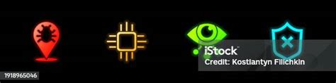 Set System Bug Processor With Microcircuits Cpu Eye Scan And Shield Cross Mark Icon Vector Stock