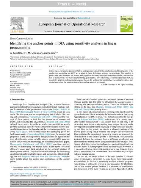 Pdf Identifying The Anchor Points In Dea Using Sensitivity Analysis In Linear Programming