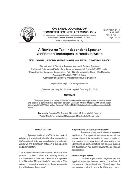 Pdf A Review On Text Independent Speaker Verification Techniques In